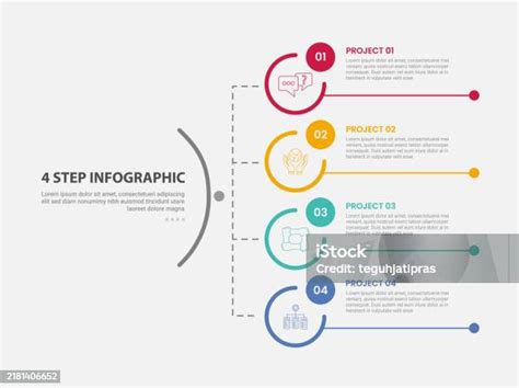 슬라이드 프리젠 테이션을위한 큰 원 수직 구조 선 연결을 가진 4 점 단계 템플릿이 있는 4 포인트 템플릿 인포 그래픽 개요 스타일 0명에 대한 스톡 벡터 아트 및 기타