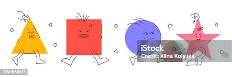 기하학적 모양의 형태로 재미있는 캐릭터 귀여운 얼굴과 감정을 가진 순진한 유치한 스타일의 만화 캐릭터 삼각형 사각형 원형 별 격리된 벡터 그림입니다 0명에 대한 스톡 벡터