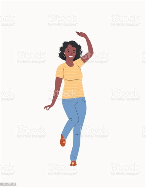 어두운 피부를 가진 젊은 여성이 음악에 맞춰 춤을 춘다 여자는 온몸으로 서 있습니다 플랫 스타일 만화 벡터 일러스트레이션 1에 대한 스톡 벡터 아트 및 기타 이미지 Istock