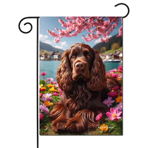 Chocolate Cocker Spaniel Flag Spring Flowers Garden