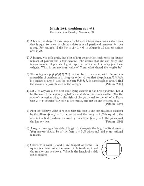Problem Set 8 Practice Problems On Problem Solving Seminar Math 194 Docsity