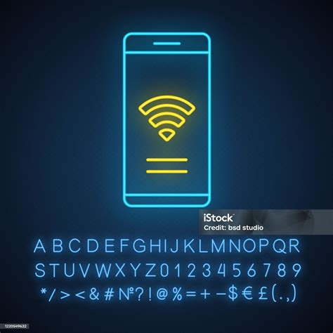 인터넷 액세스 네온 조명 아이콘입니다 와이파이 존 웹 연결 스마트 폰 라우터 응용 프로그램 온라인으로 접속하세요 무료 와이파이 알파벳 숫자 및 기호와 빛나는 기호 벡터 절연