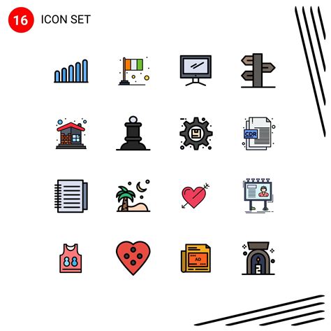 Modern Set Of 16 Flat Color Filled Lines And Symbols Such As Brick Wall Vacation Monitor Panel