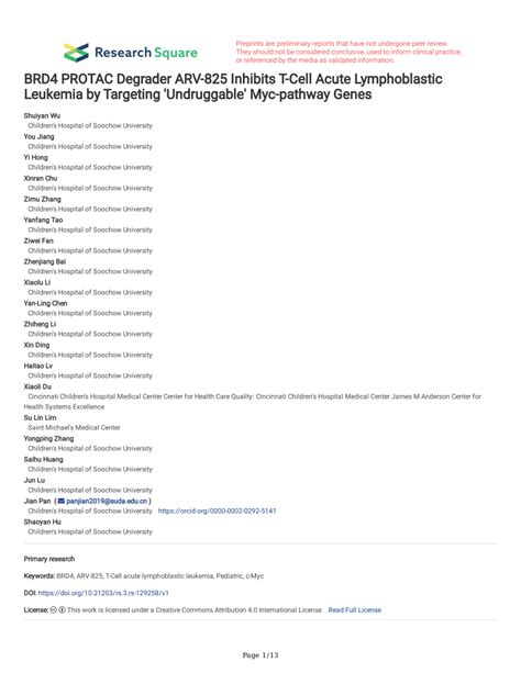 Pdf Brd4 Protac Degrader Arv 825 Inhibits T Cell Acute Lymphoblastic Leukemia By Targeting