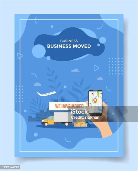 비즈니스 는 배너 전단지 책 표지 액체 모양 스타일의 잡지의 템플릿을위한 비행기 트럭 밴 상자 패키지 택배 주위에 디스플레이에 손으로 잡고 스마트 폰 포인터 위치지도 Gps