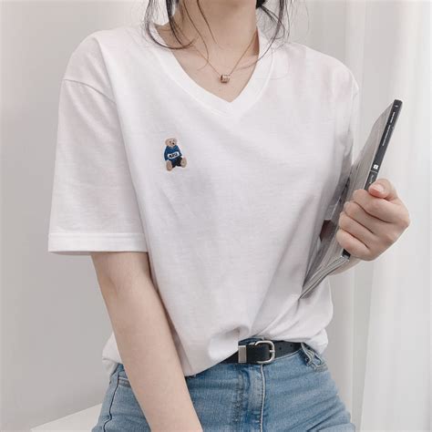 Usa베어 곰 자수 브이넥 반팔티 5color