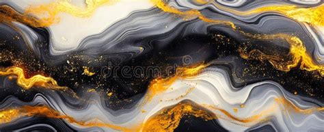 Elegant Fluid Art With Swirling Black Grey And Gold Colors Creating An Abstract Marble Effect