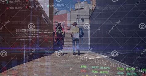 Image Of Binary Coding And Data Processing Over Men Walking In Street Stock Image Image Of