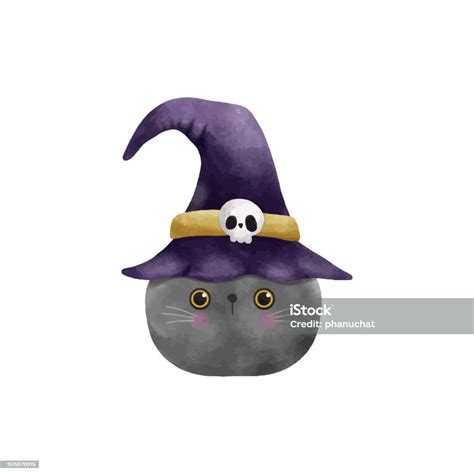 마녀 모자 수채화 트릭을 입은 해피 할로윈 파티 검은 고양이 또는 흰색 배경 벡터 그림에 고립된 손으로 그렸습니다 10월에 대한