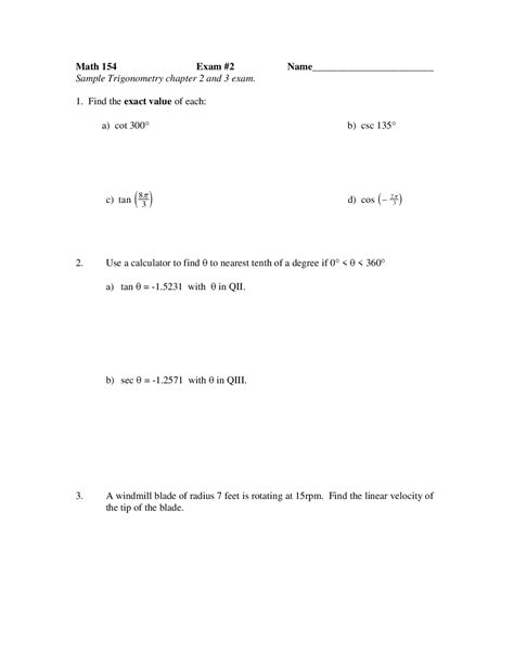 10 Multiple Choice Questions On Trigonometry Examination 2 Math 154 Docsity