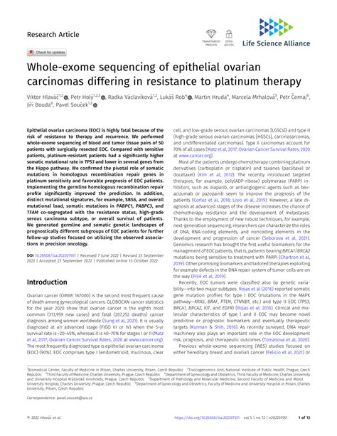 PDF Whole Exome Sequencing Of Epithelial Ovarian Carcinomas Differing In Resistance To