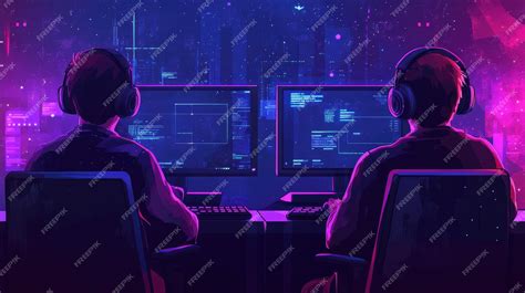 Two Programmers In Futuristic Neon Office Coding On Dual Monitors At Night Premium Ai