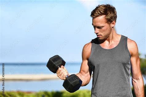 Bicep Curl Free Weights Training Fitness Man Outside Working Out Arms