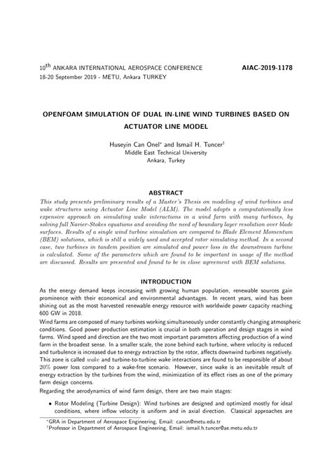 Pdf Openfoam Simulation Of Dual In Line Wind Turbines Based On Actuator Line Model