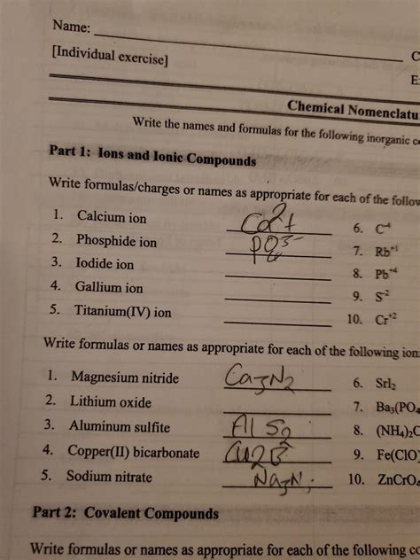 Solved Name Individual Exercise Chemical Nomenclatur Chegg
