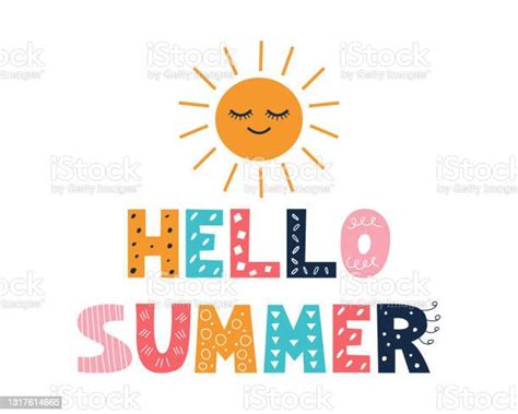 흰색 배경에 낙서의 스타일에 화려한 밝은 비문 안녕하세요 여름 벡터 이미지입니다 어린이 포스터 엽서 의류 및 인테리어 장식 격언에 대한 스톡 벡터 아트 및 기타 이미지
