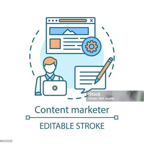 콘텐츠 마케팅 개념 아이콘입니다 콘텐츠 아이디어 씬 라인 일러스트레이션 작성 게시 배포 리드 생성 카피라이팅 전문 벡터 절연