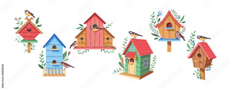 Birds Nesting In Birdhouses 2d Cartoon Objects Set Small Wooden Houses