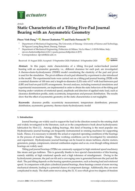 Pdf Static Characteristics Of A Tilting Five Pad Journal Bearing With An Asymmetric Geometry