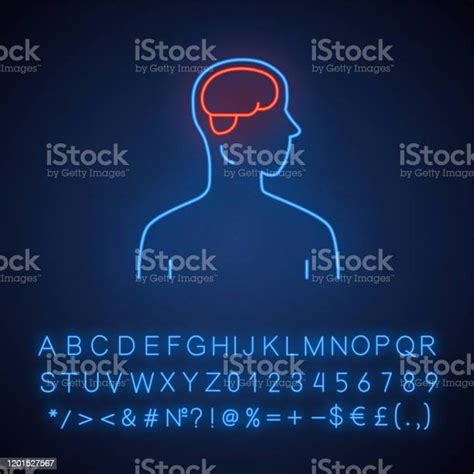 건강한 뇌 네온 빛 아이콘입니다 건강에 좋은 인간의 기관 기능 신경계 건강에 좋은 정신 건강 알파벳 숫자 및 기호와 빛나는 기호 벡터 절연 그림 Mental