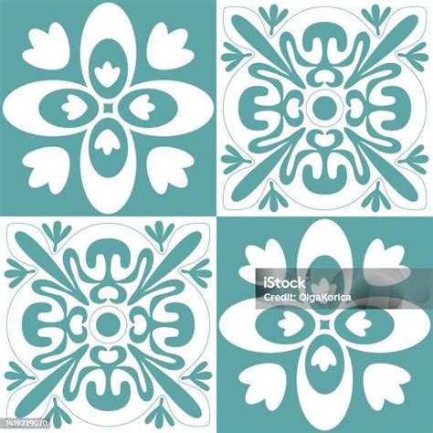 세라믹 타일 및 벽 디자인을위한 블루 민트 Azulejo 디자인 전통적인 스페인 배경 흰색 파스텔 색상 벡터 일러스트 레이 션