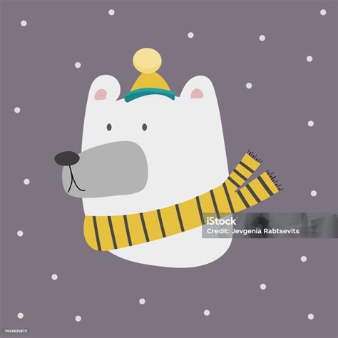 크리스마스 흰색 북극곰 머리입니다 따뜻한 노란색 모자와 인사말 카드 인쇄를 위한 스카프를 입은 귀여운 만화 곰의 벡터 그림 0