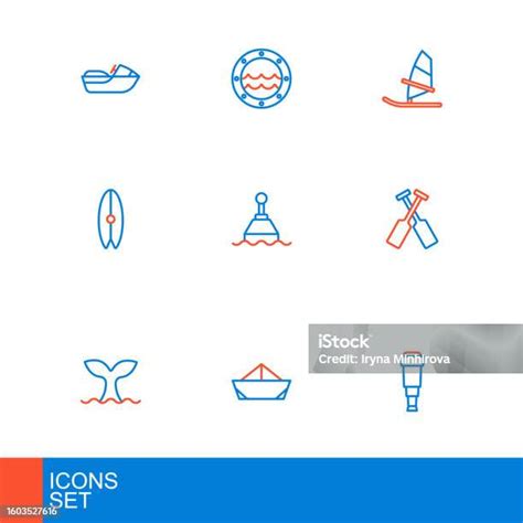 세트 라인 망원경 망원경 렌즈 접힌 종이 보트 고래 꼬리 교차 노 또는 패들 서핑 보드 떠 다니는 부표 윈드 서핑 및 선박 현창 아이콘 벡터 경계 표지에 대한 스톡 벡터