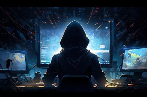 Premium Ai Image Hacker Sitting At The Computer Cyber Security And Antispyware Concept Ai