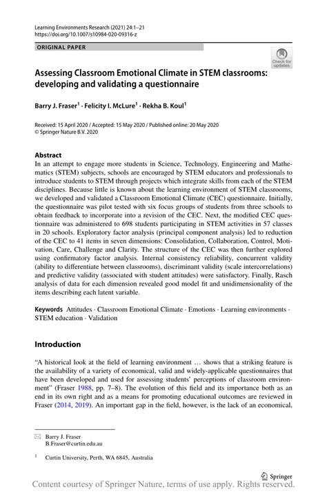Assessing Classroom Emotional Climate In Stem Classrooms Developing And Validating A