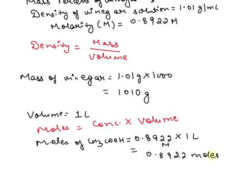Solved Using The Average Molarity Of Vinegar Calculate The Mass Percent Acetic Acid In Your