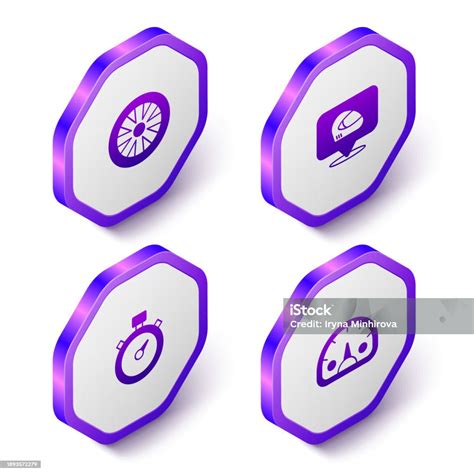 자동차용 아이소메트릭 알로이 휠 레이싱 헬멧 스톱워치 및 속도계 아이콘을 설정합니다 보라색 육각형 버튼 벡터 3차원 형태에 대한 스톡 벡터 아트 및 기타 이미지 Istock