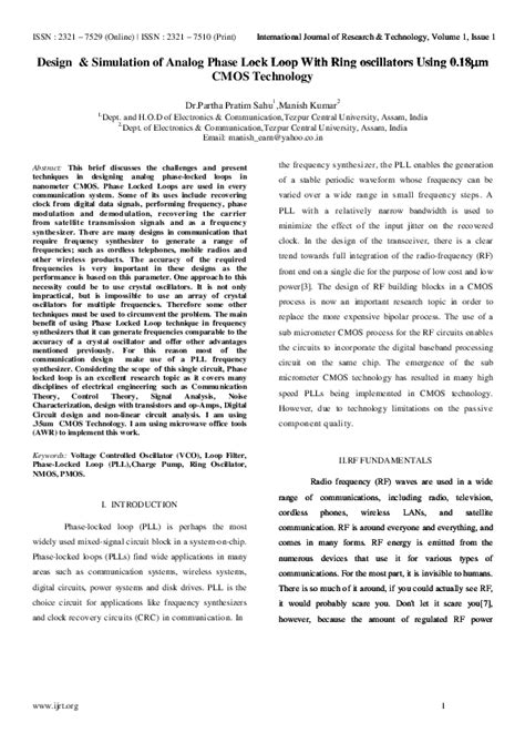 Pdf Design And Simulation Of Analog Phase Lock Loop With Ring Oscillators Using 018µ µ µ µm