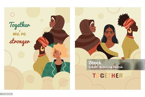 페미니스트 운동 카드 세트 국제 페미니즘의 날 다른 국적의 여성들이 함께 여성 권한 부여 다양성 양성 평등 개념 여성의 날에 대