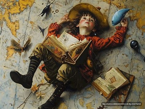 Ai创作图在地上看书的小孩 童话一般的童年 童话世界招贴画 阅读的想象力 欧风儿童插画 梦幻唯美童话童年美梦 梦幻童话书主题 丹麦童话作家 Cgi超现实主义 儿童童话世界 童话世界壁纸 童话
