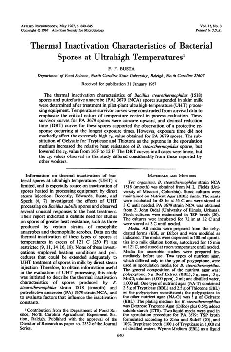 Pdf Thermal Inactivation Characteristics Of Bacterial Spores At Ultrahigh Temperatures