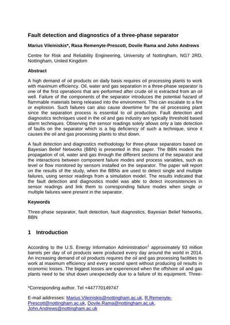 Pdf Fault Detection And Diagnostics Of A Three Phase Separatoreprints Nottingham Ac Uk 32502 1
