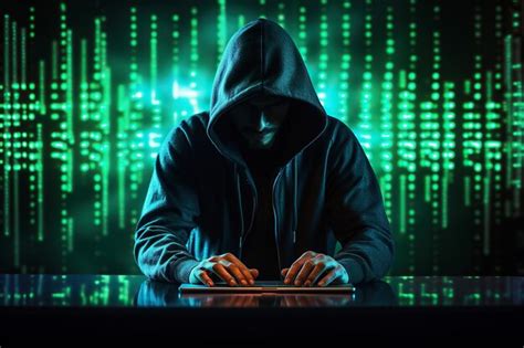Generated Illustration Of Cyber Crime Hacker With Laptop Abstract Binary Code Digital Interface