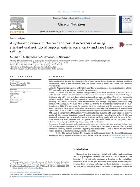 Pdf A Systematic Review Of The Cost And Cost Effectiveness Of Using Standard Oral Nutritional