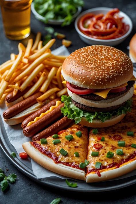 Fast Food Platter With Burger Hot Dogs Pizza And Fries Stock