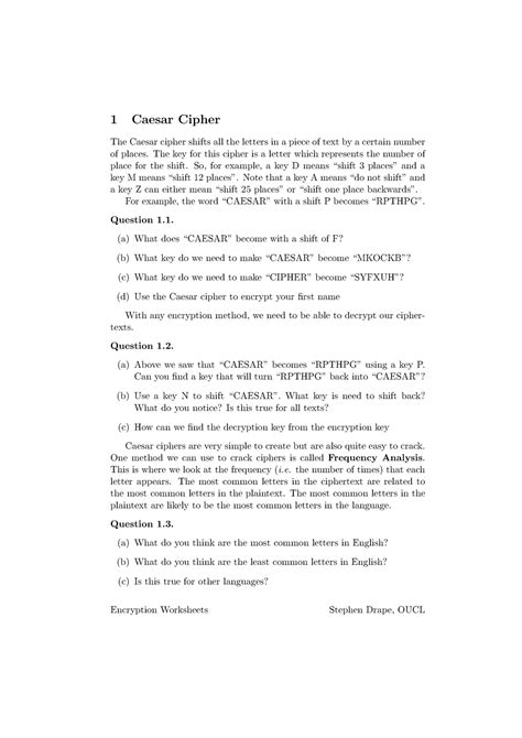 Cipher Exercises Material 1 Caesar Cipher The Caesar Cipher Shifts All The Letters In A