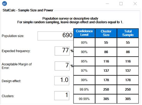 Calculation For Sample Size Using The Epi Info Version 7226 Software