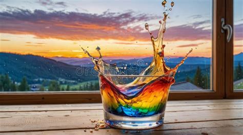 Vibrant Liquid Splash Explosion In A Clear Glass With A Sunset Backdrop Stock Illustration