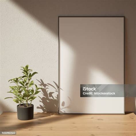 흰색과 나무 벽 콘크리트 바닥 수평 모형 포스터 프레임 및 화분에 심은 빈 사무실 홀의 내부 광고의 개념 3d 렌더링 0명에