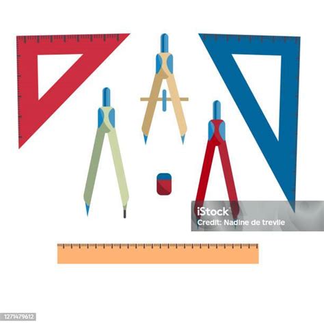 학교 그리기 도구 키트 드로잉 액세서리의 벡터 컬렉션입니다 나침반 눈금자 사각형 및 지우개흰색 배경에 격리 플랫 스타일로 벡터 그림 교육에 대한 스톡 벡터 아트 및 기타