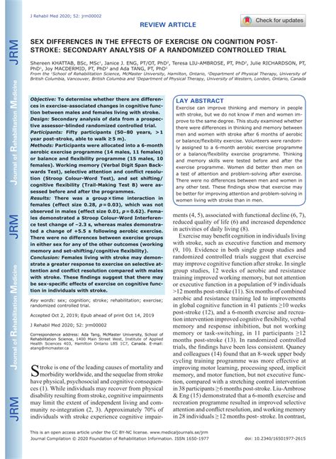 Pdf Sex Differences In The Effects Of Exercise On Cognition Post Stroke Secondary Analysis Of