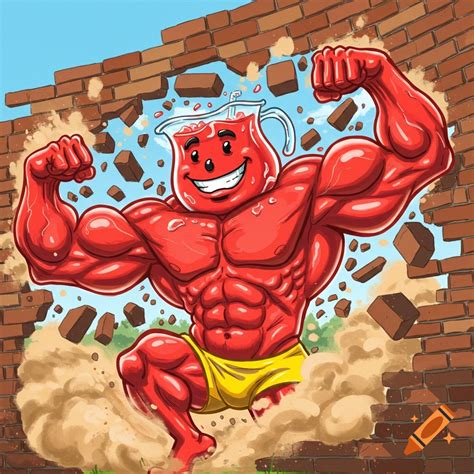 A Muscular Buff Kool Aid Man Breaks Through A Brick Wall On Craiyon