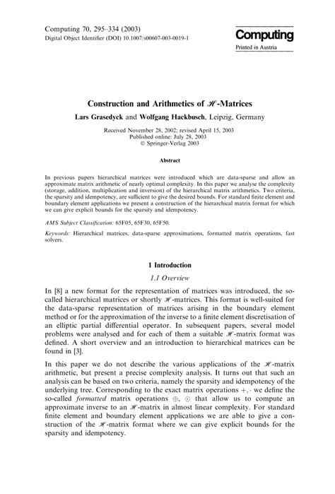 Pdf Construction And Arithmetics Of H Matrices
