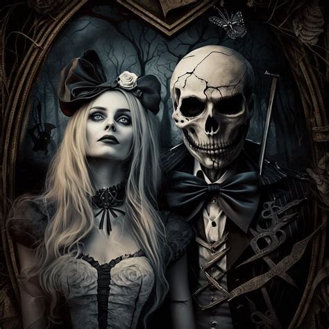 Two People Dressed Up As Skeletons In Front Of A Gothic Frame With Butterflies On It