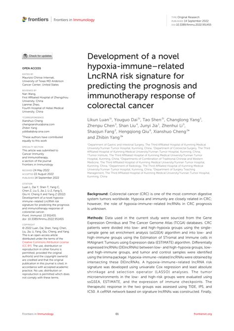 Pdf Development Of A Novel Hypoxia Immunerelated Lncrna Risk Signature For Predicting The