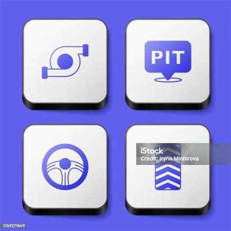 자동차 터보차저 피트 스톱 레이싱 스티어링 휠 및 자동차 타이어 아이콘을 설정합니다 흰색 사각형 버튼입니다 벡터 개념에 대한 스톡 벡터 아트 및 기타 이미지 Istock